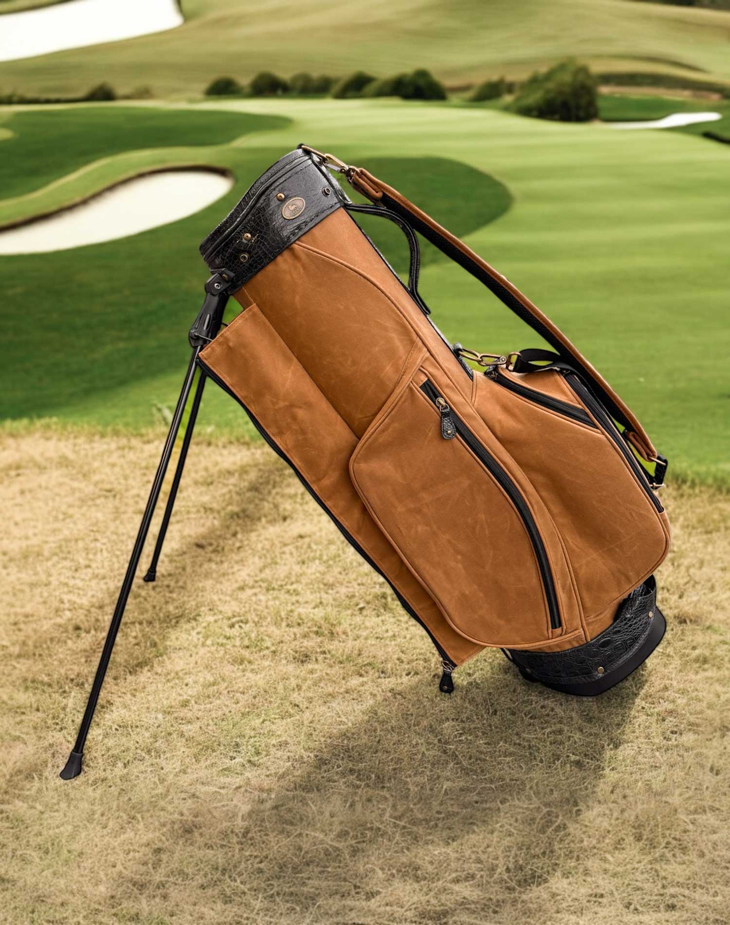 Leather Golf Bag Tan Canvas Black Croc Accents - Stand Bag, Luxury ...