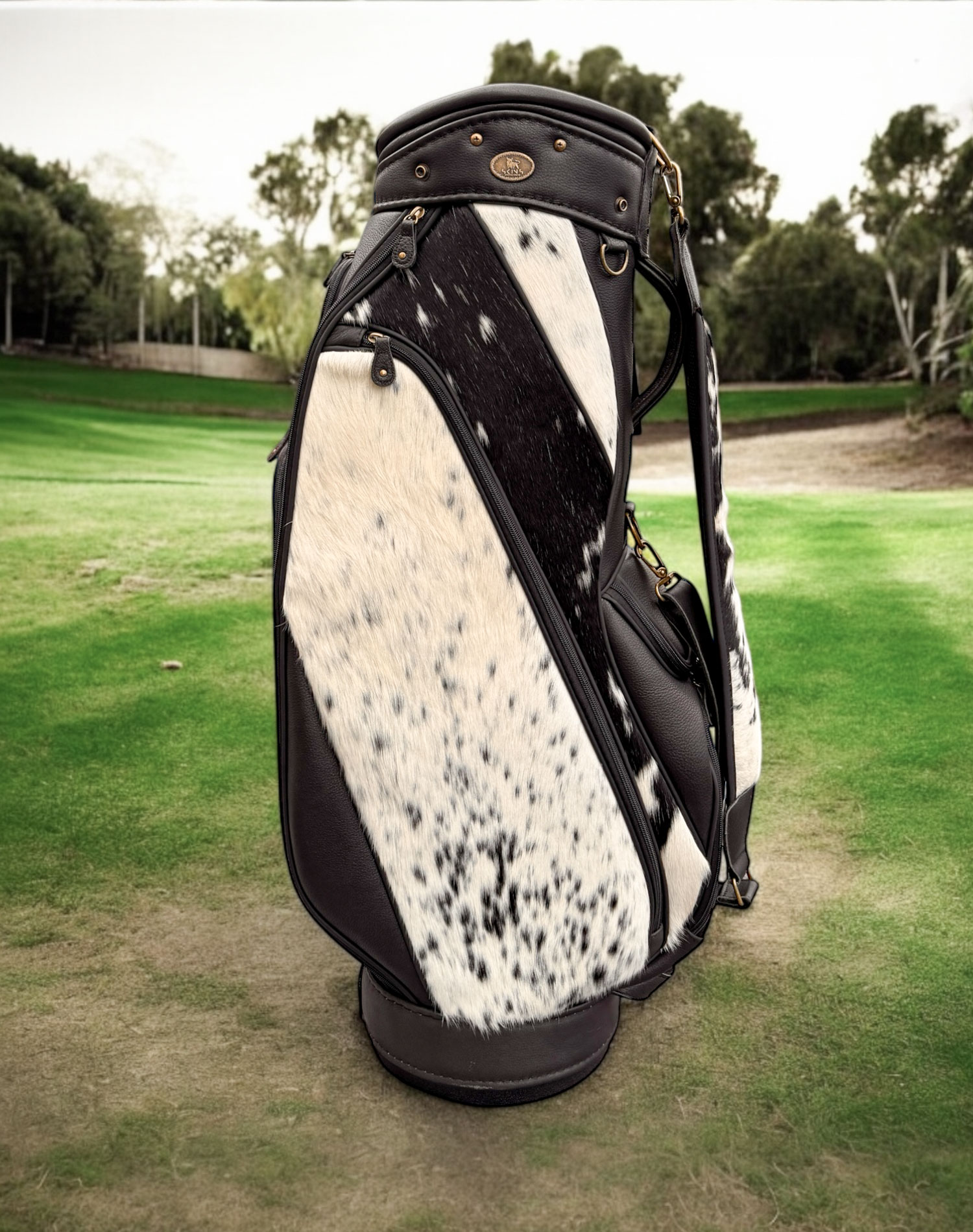 Leather Golf Bag Top Grain Cowpatch Black & White - Cart Bag, Luxury ...